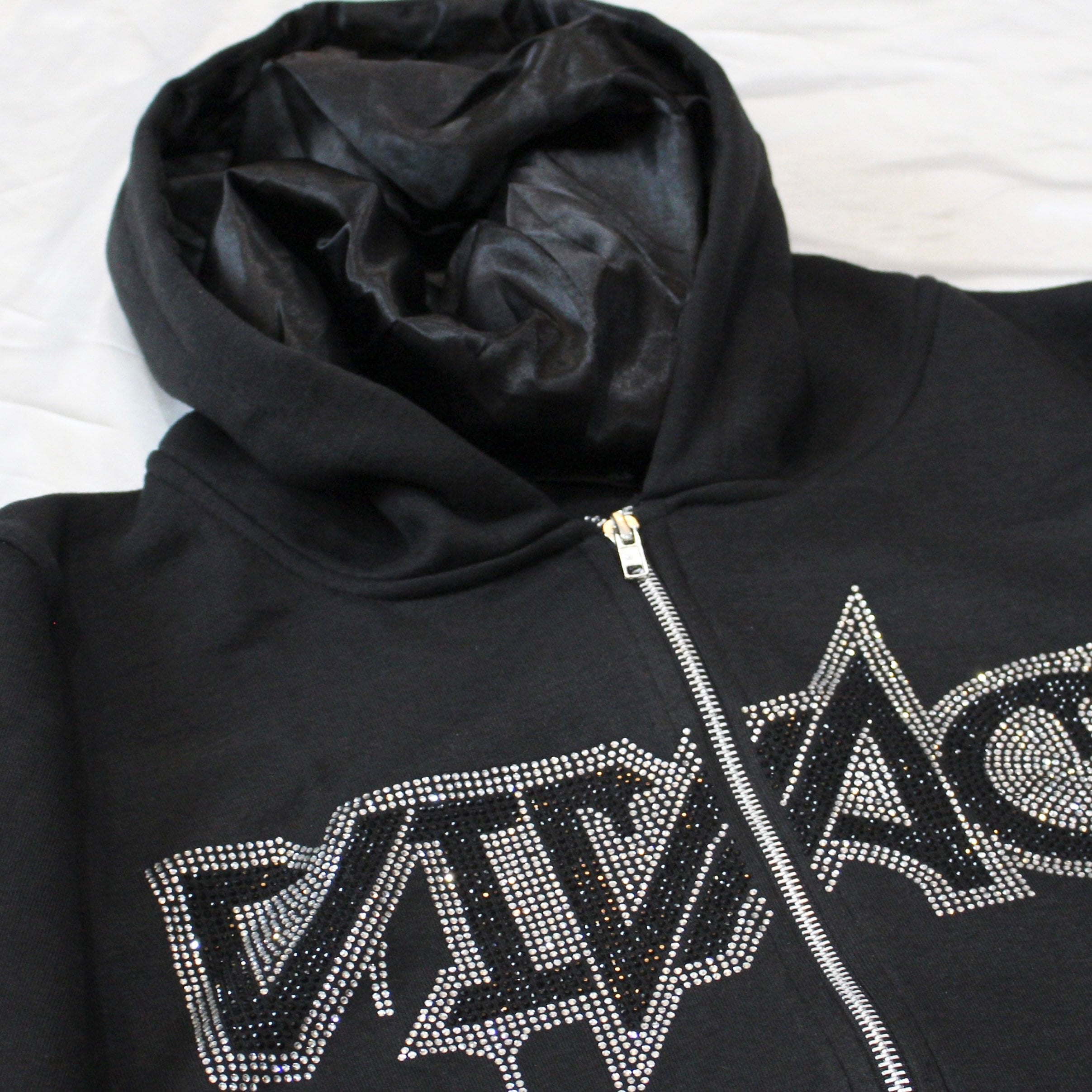 Black Hood Rhinestone Satin Lined Zip up Hoodie V2 for Curly Hair and ...