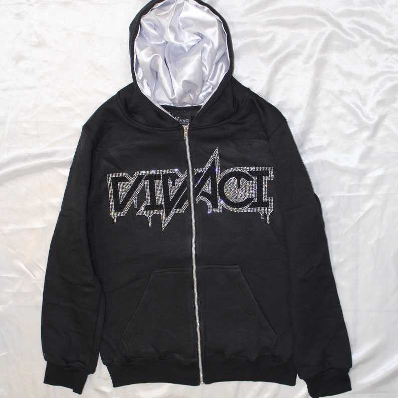 White Hood Rhinestone Satin Lined Black Hoodie V2 for Curly Hair and ...