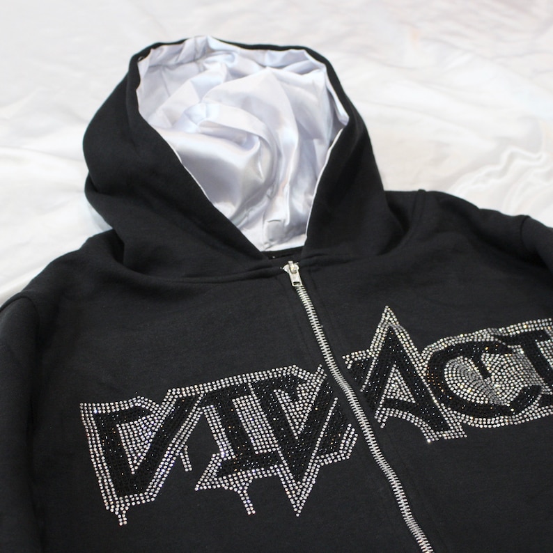 White Hood Rhinestone Satin Lined Black Hoodie V2 for Curly Hair and ...