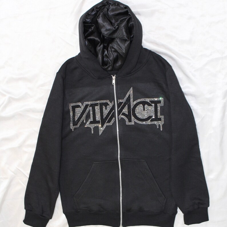 Black Hood Rhinestone Satin Lined Zip up Hoodie V2 for Curly Hair and ...