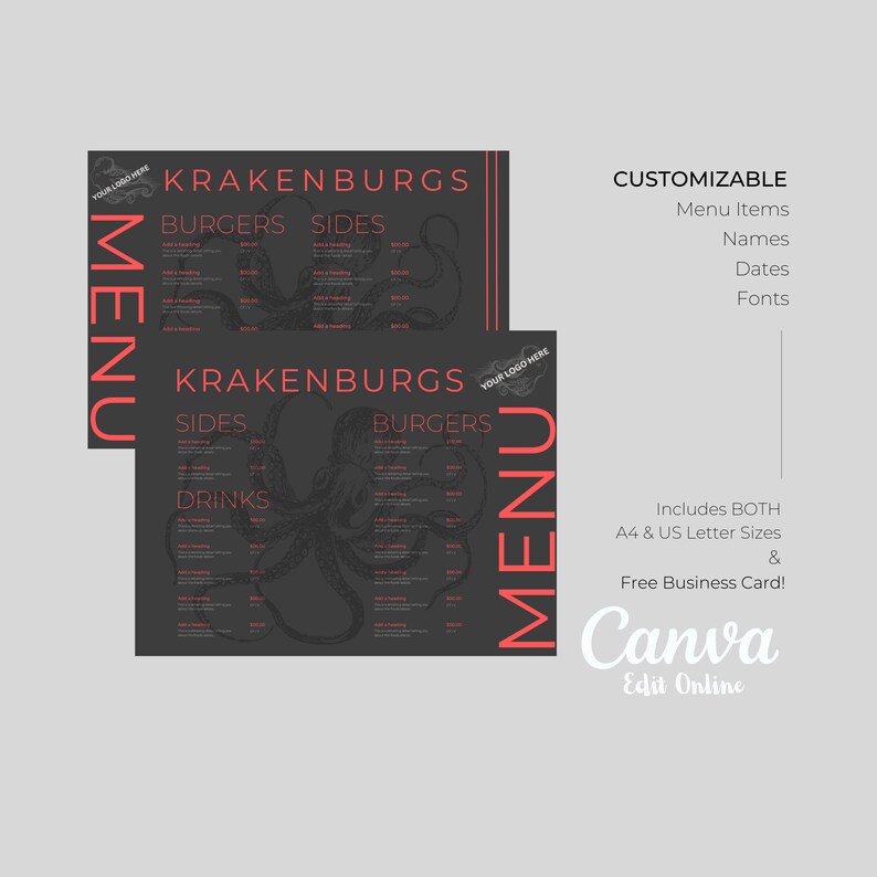 Simple Cafe Menu Customised Template Canva Two Column Menu - Etsy