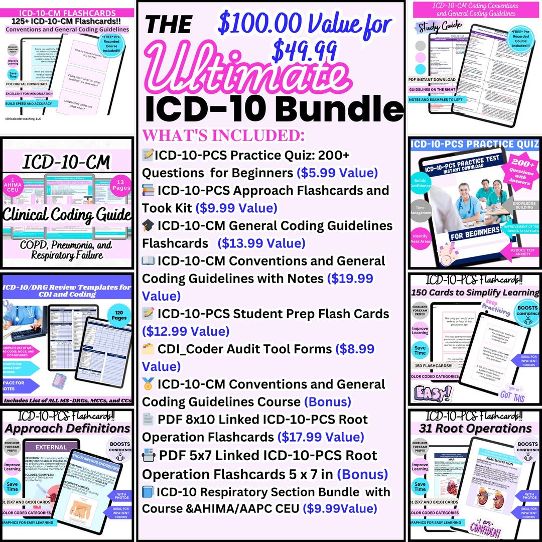 ICD-10 Coding Bundle: Flashcards, Cheat Sheets, Study Guides (digital Download) - Etsy