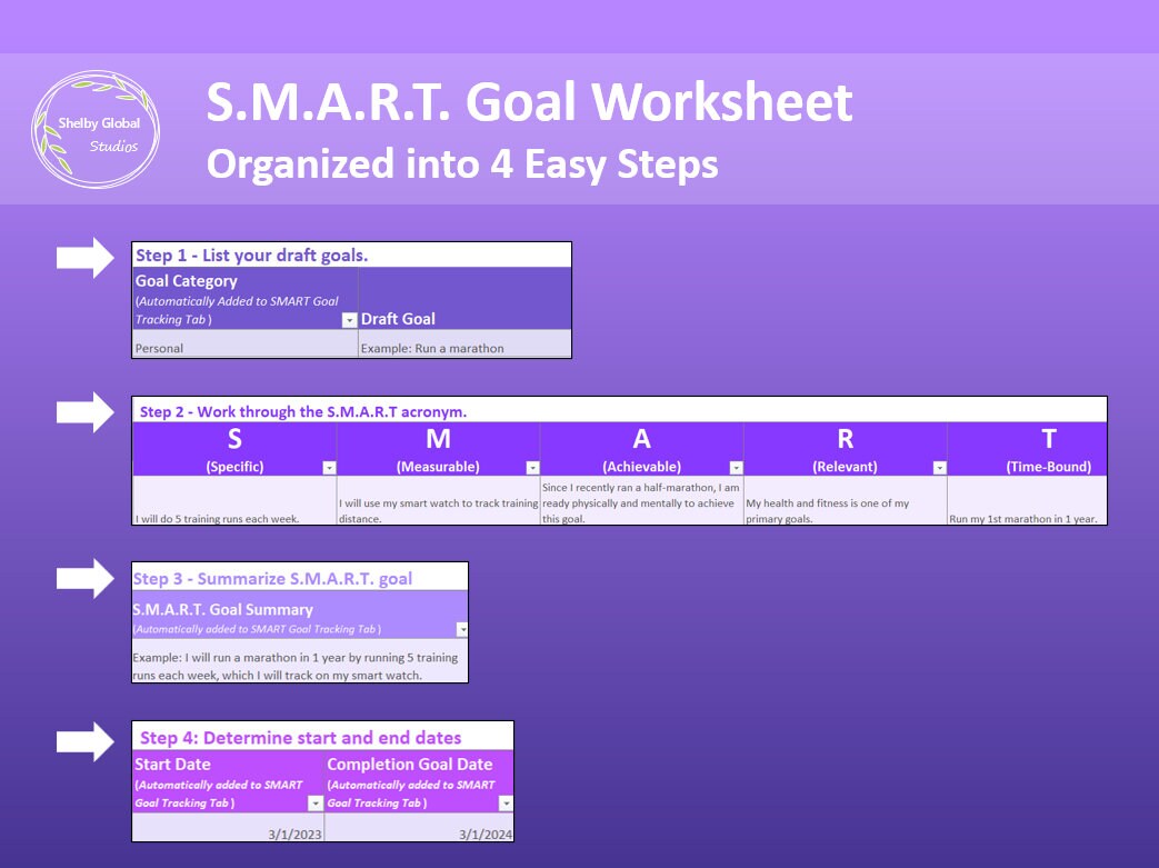 SMART Goal Worksheet and Tracker for Excel, SMART Goal Setting and ...