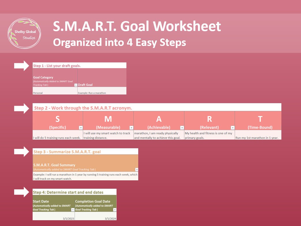 SMART Goal Worksheet and Tracker for Excel, SMART Goal Setting and ...