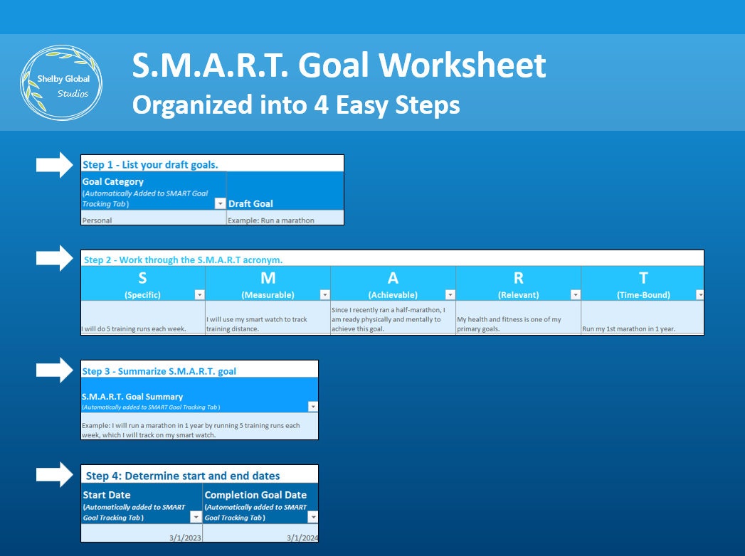 SMART Goal Worksheet and Tracker for Excel, SMART Goal Setting and ...