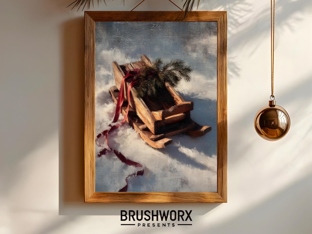 Vintage Wooden Sled Christmas Printable Art | Winter Oil Painting Wall ...