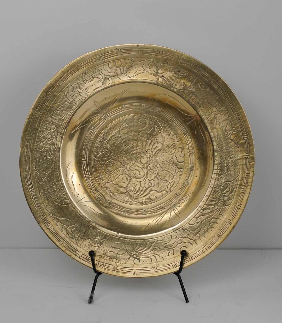 Vintage Chinese Brass Wall Plate With Etched Dragon Motif/ Brass Wall ...