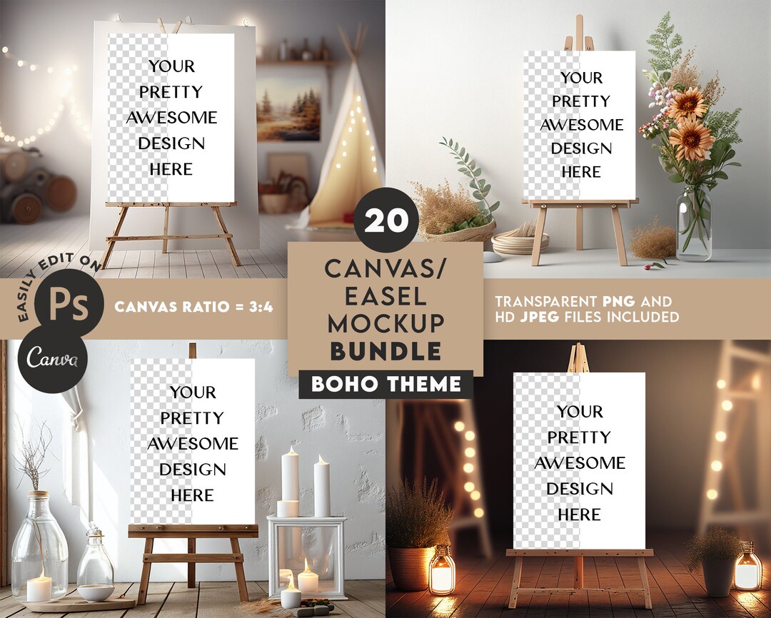 20 X Boho Theme Canvas Easel Mockup Bundle PNG & JPEG Files ONLY ...
