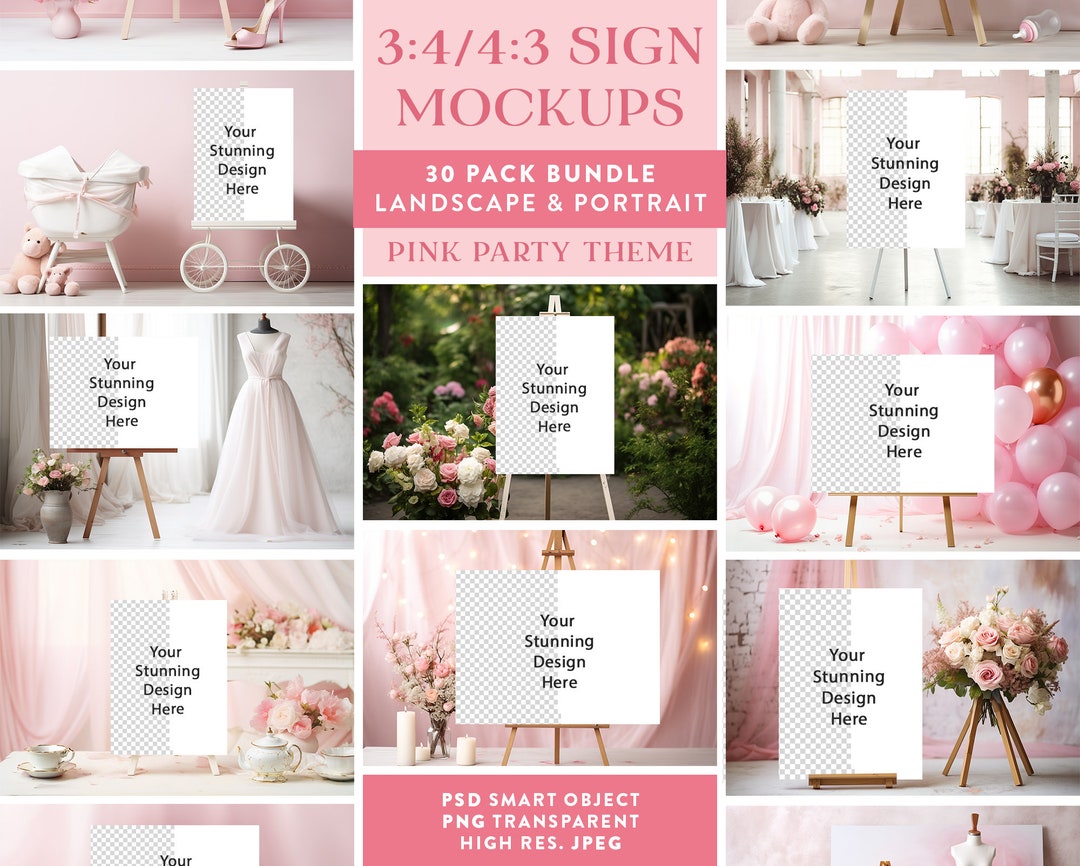 30 X Pink Party Themed Sign Mockup Bundle | PSD Smart Object Mock-ups ...