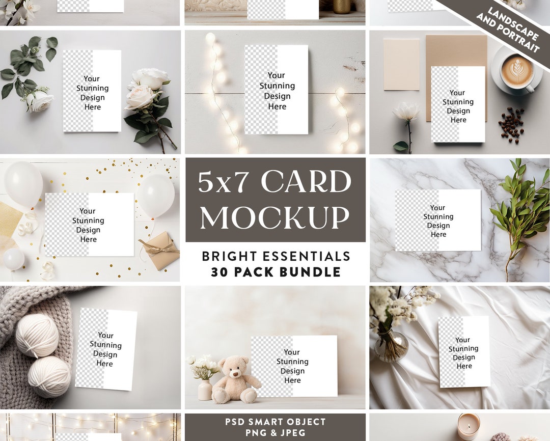 30 X Bright A7 Greeting Card Mockup Bundle | A7 Smart Object PSD ...