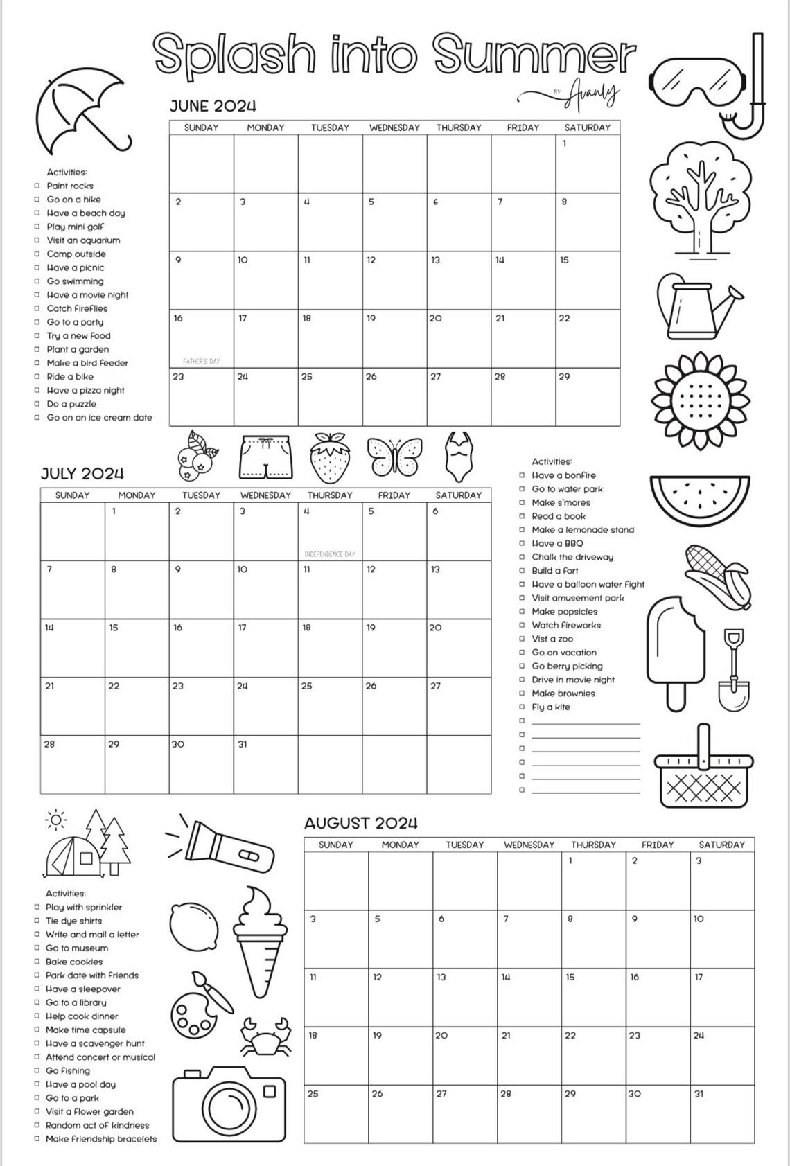 Kids Summer Activities Calendar, Activities Calendar, Kids Summer Fun ...