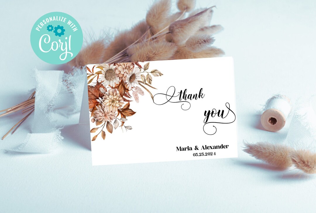 Boho Fall Wedding Thank You Card Template Printable Autumn Floral Thank ...