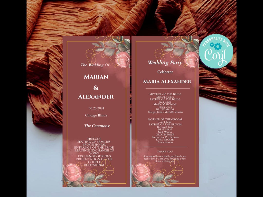 Wedding Program Template, 4x9 4x8" Template, Maroon Wedding Stationary ...