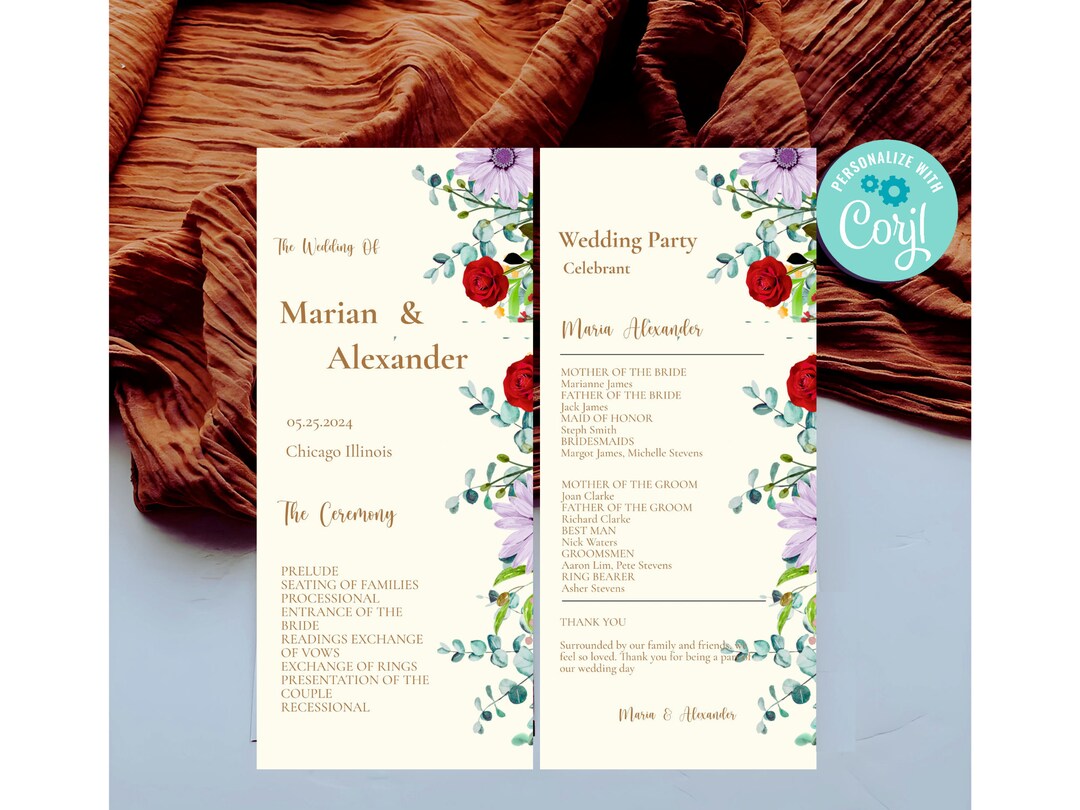 Colorful Floral Classic Wedding Program, Wedding Ceremony Program ...
