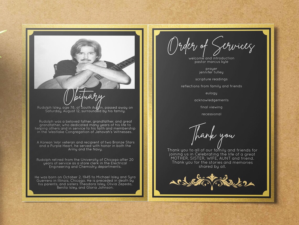 Black and Gold Funeral Program Template Male Man Gold Memorial Service ...