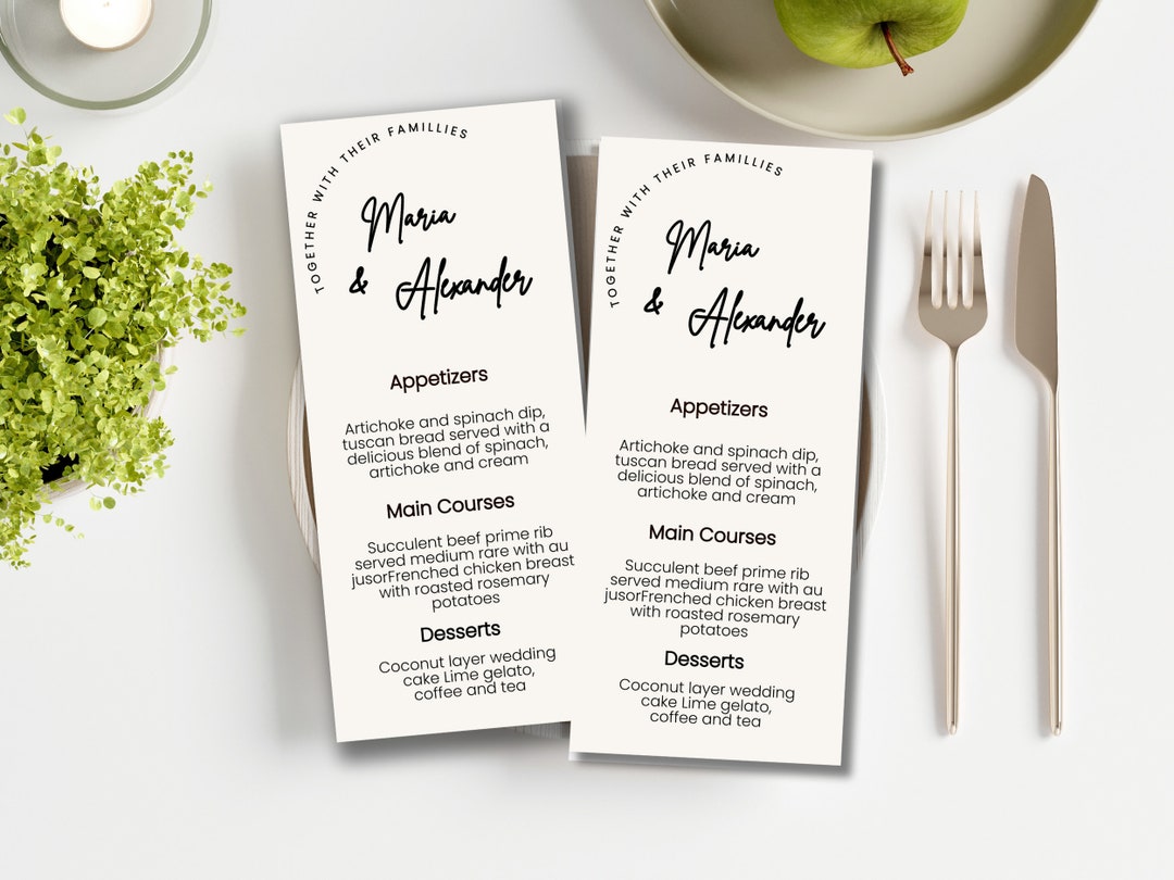 Minimal Wedding Menu Template, Modern Menu Card Template, Calligraphic ...
