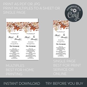 Boho Fall Wedding Program Template, Printable Autumn Floral Ceremony Run Sheet, Editable Earth ...