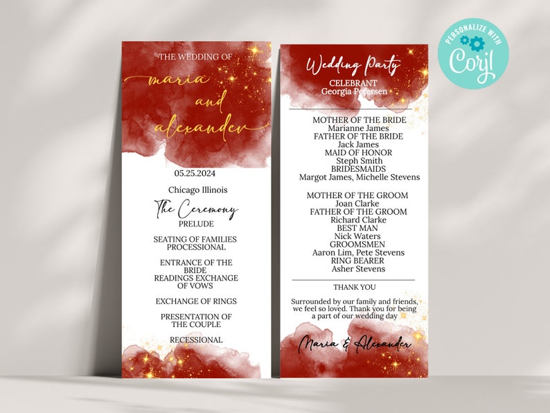 Burgundy Watercolor Wedding Program Template, Printable Maroon & Gold ...