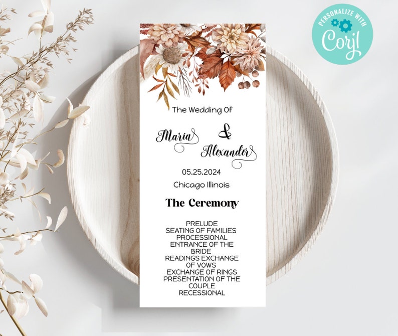 Boho Fall Wedding Program Template, Printable Autumn Floral Ceremony Run Sheet, Editable Earth ...