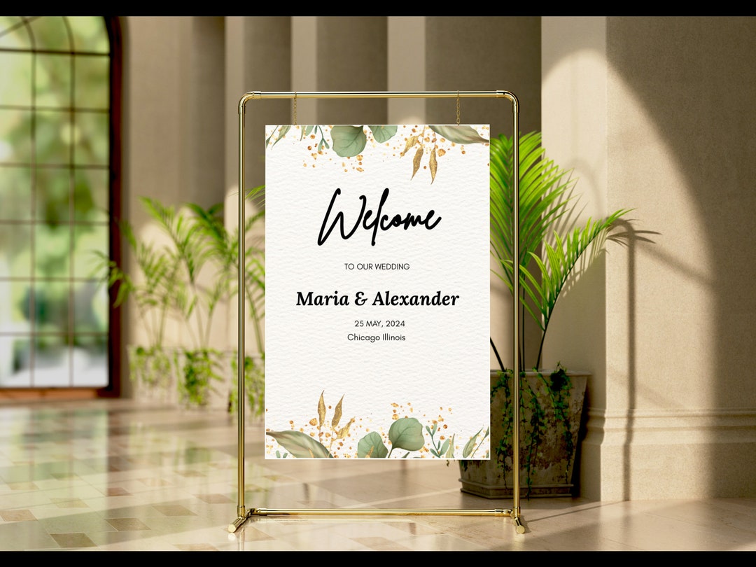 Printable Green and Gold Wedding Welcome Sign - Green Leaf & Gold ...