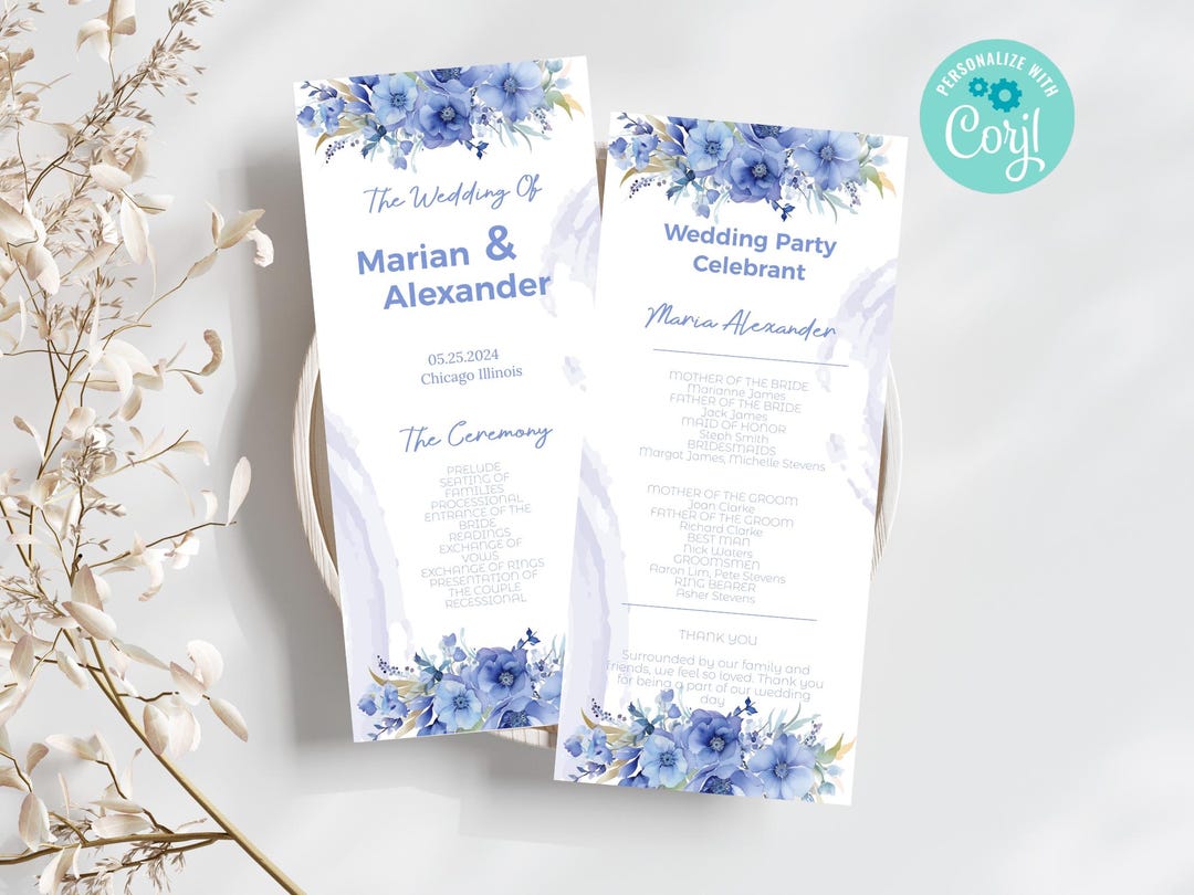 Blue Poppy Wedding Program Template, Blue Floral Wedding Template ...