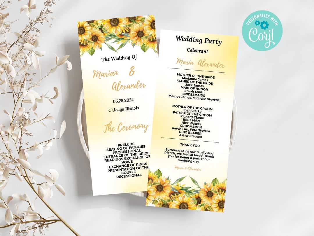 Gold Sunflower Wedding Program Template, Gold Sunflower Eucalyptus ...