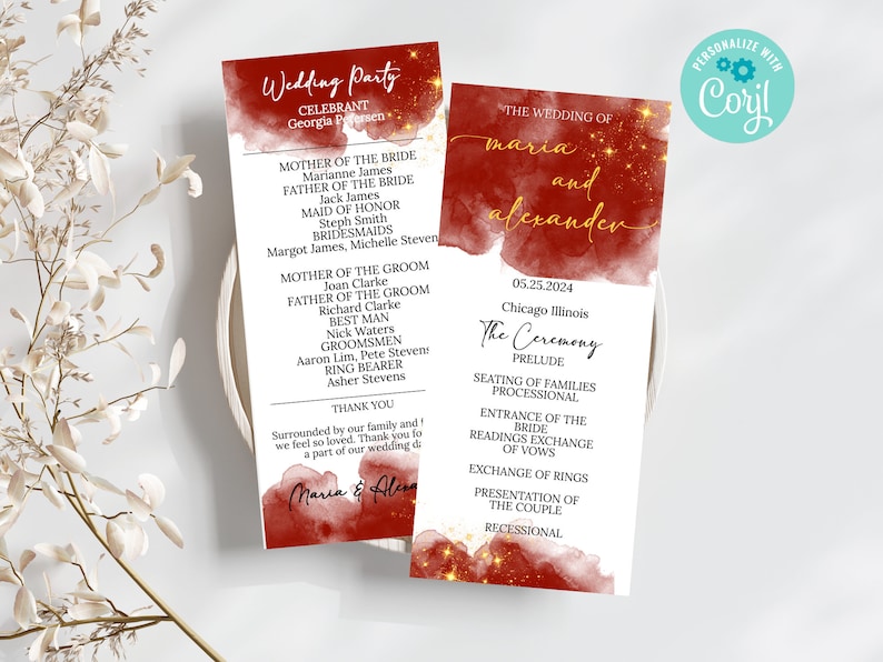 Burgundy Watercolor Wedding Program Template, Printable Maroon & Gold ...
