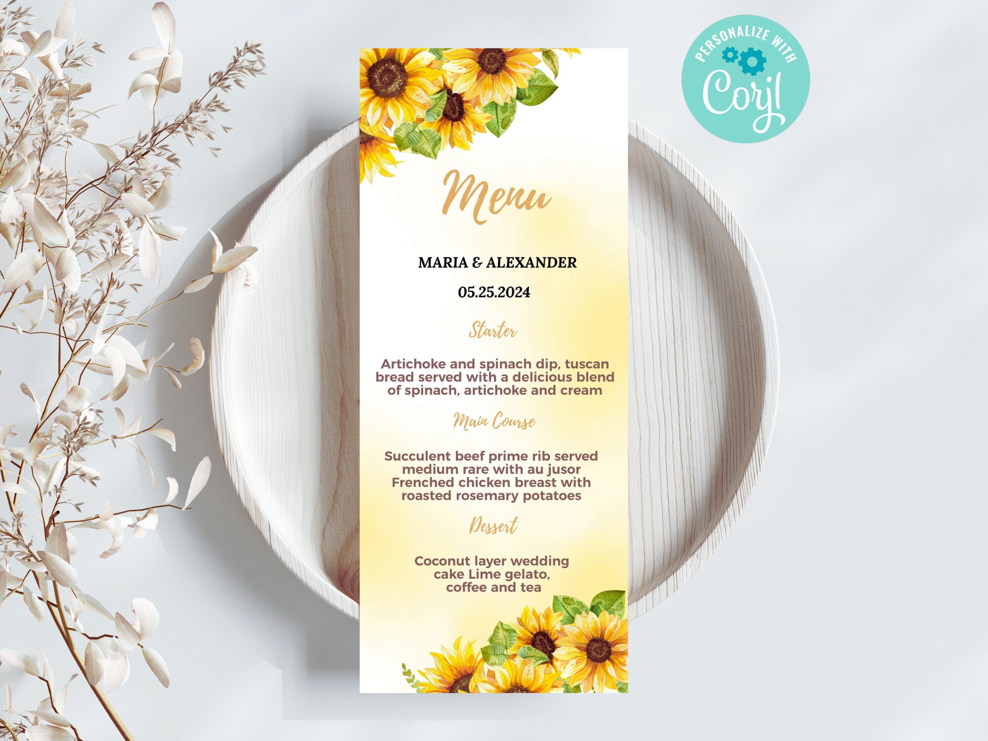 Sunflower Menu Template, Wedding Anniversary Menu, Gold Anniversary ...