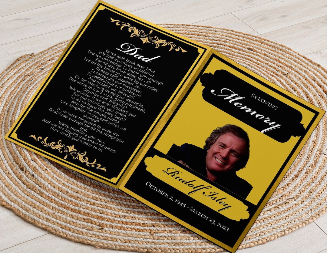 Black and Gold Funeral Program Template Male Man Gold Memorial Service ...