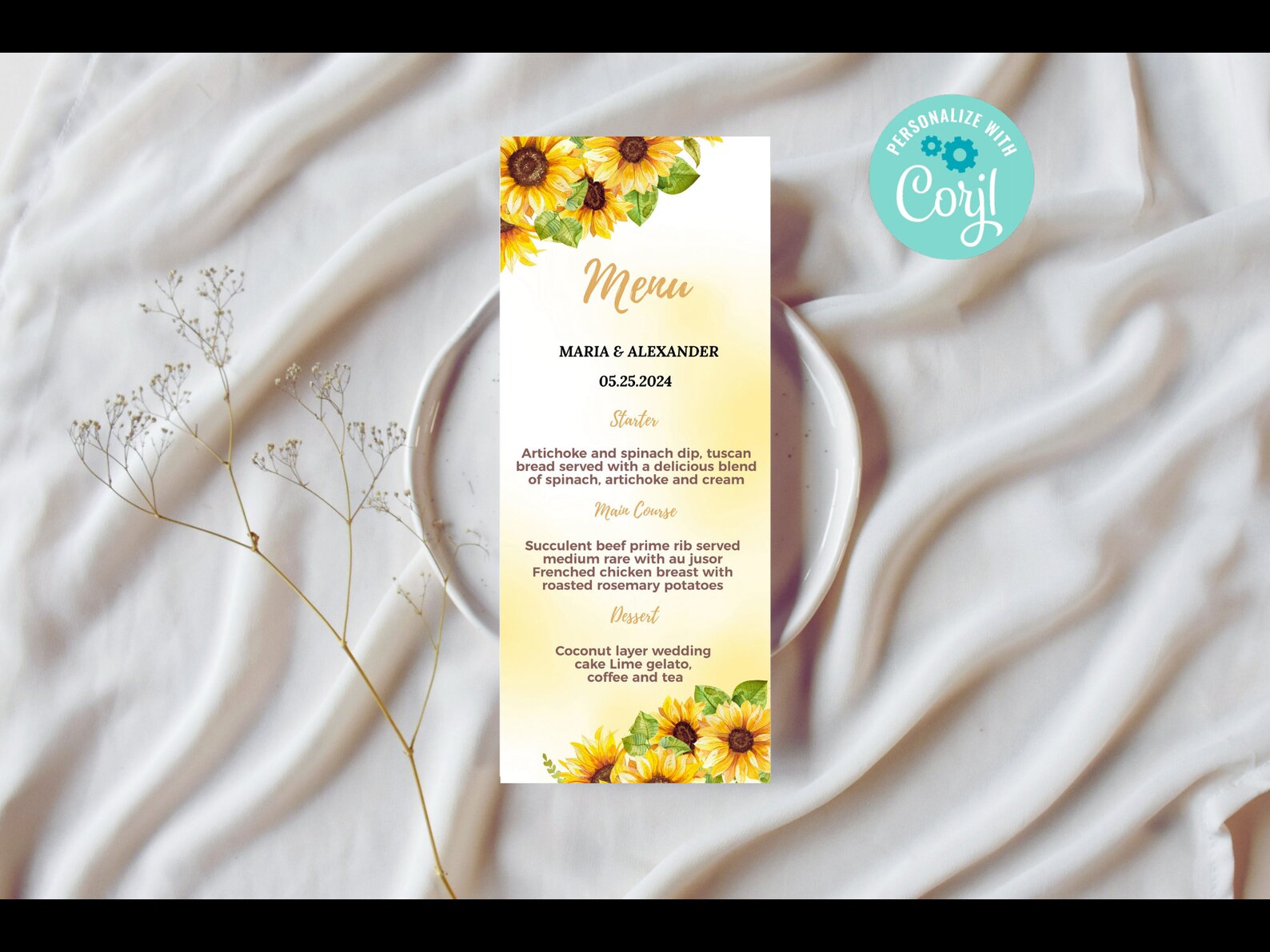 Sunflower Menu Template, Wedding Anniversary Menu, Gold Anniversary ...