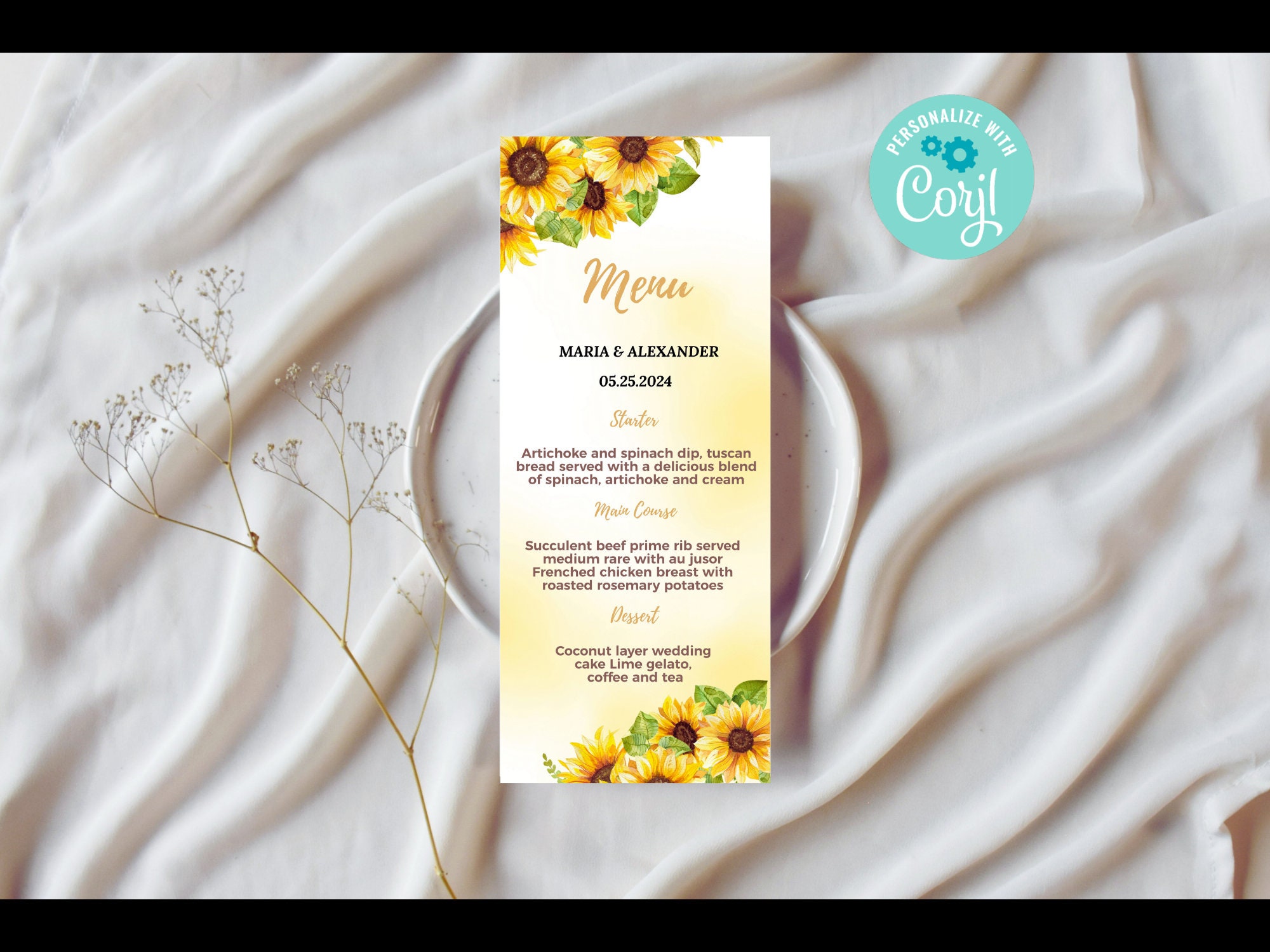 Sunflower Menu Template, Wedding Anniversary Menu, Gold Anniversary ...