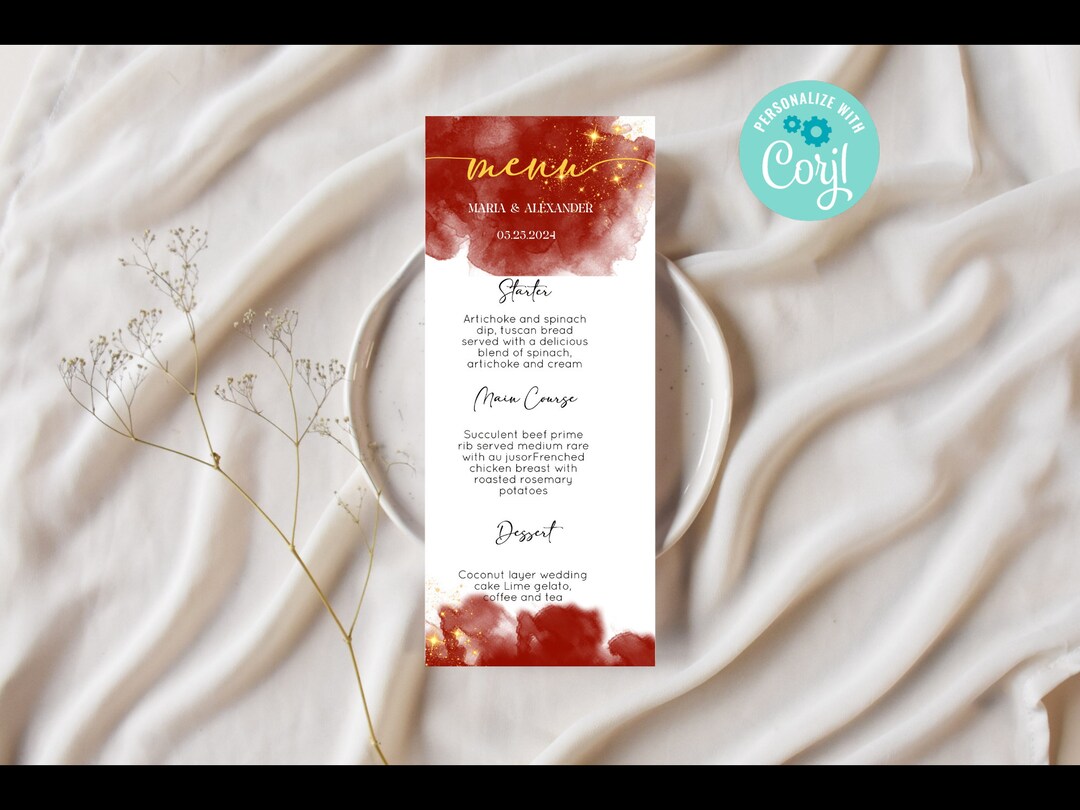 Burgundy Watercolor Menu Template, Printable Maroon & Gold Wedding ...