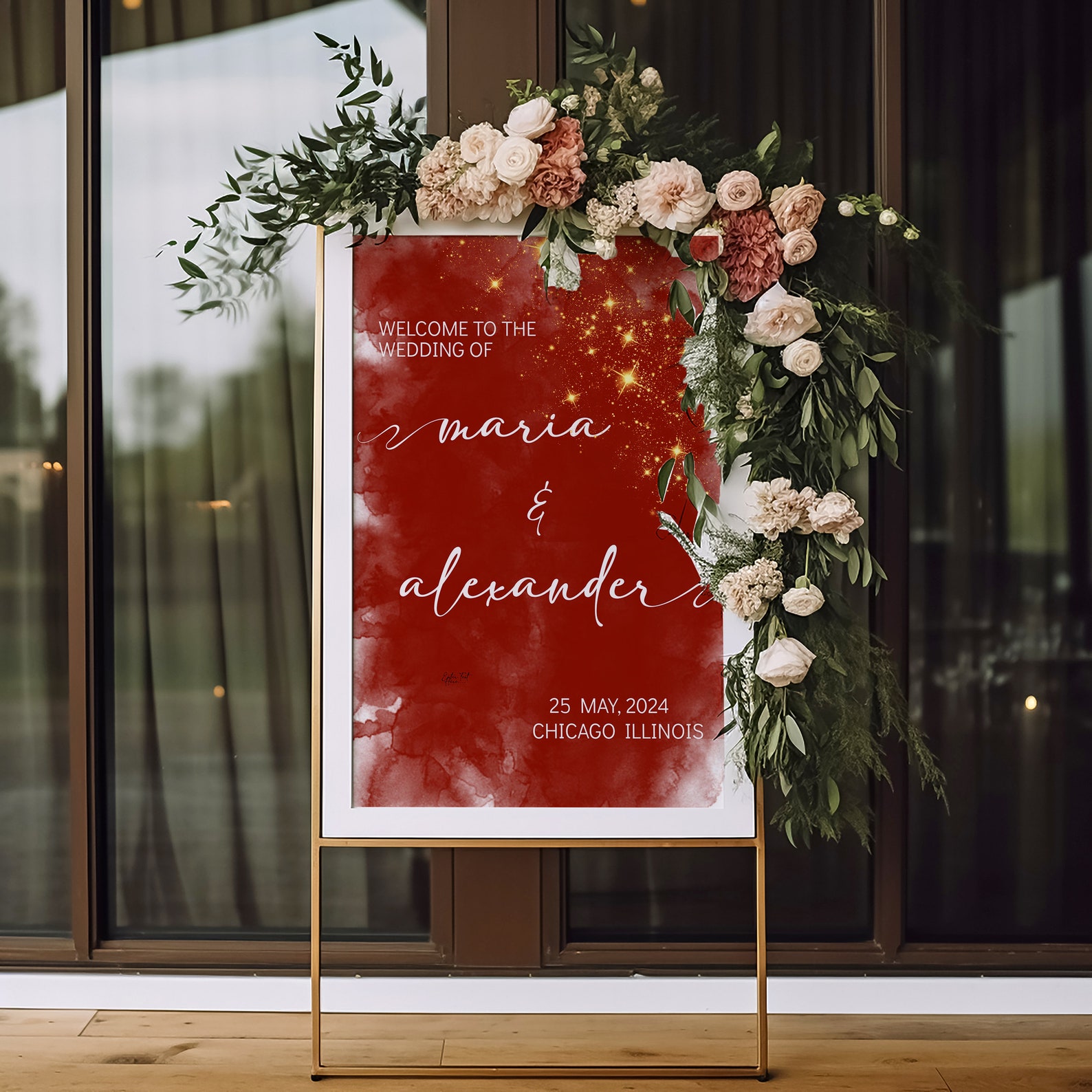 Burgundy Watercolor Welcome Sign Template, Printable Maroon & Gold ...
