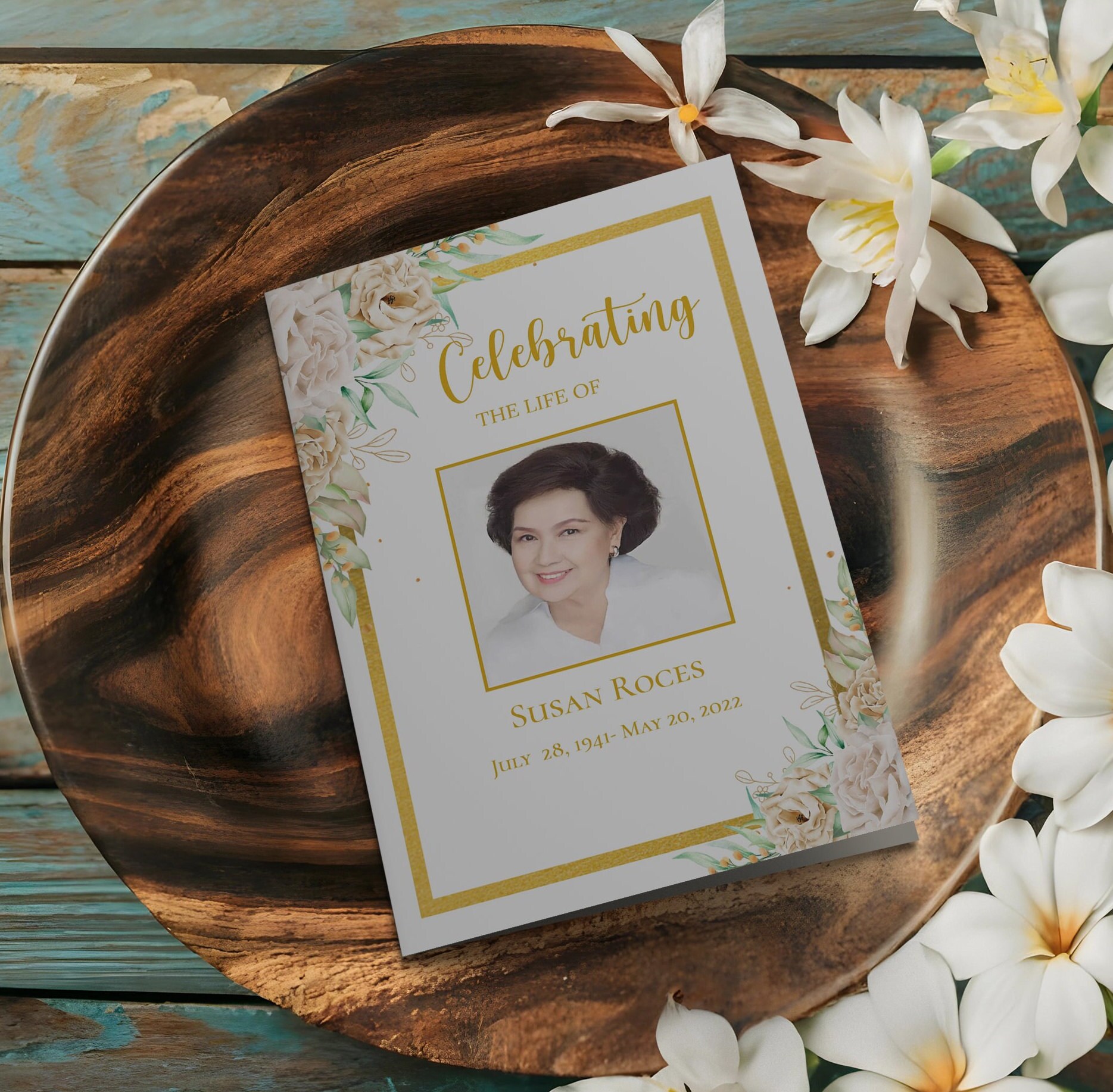 Editable White Floral Geometric Funeral Program Template Celebrating ...