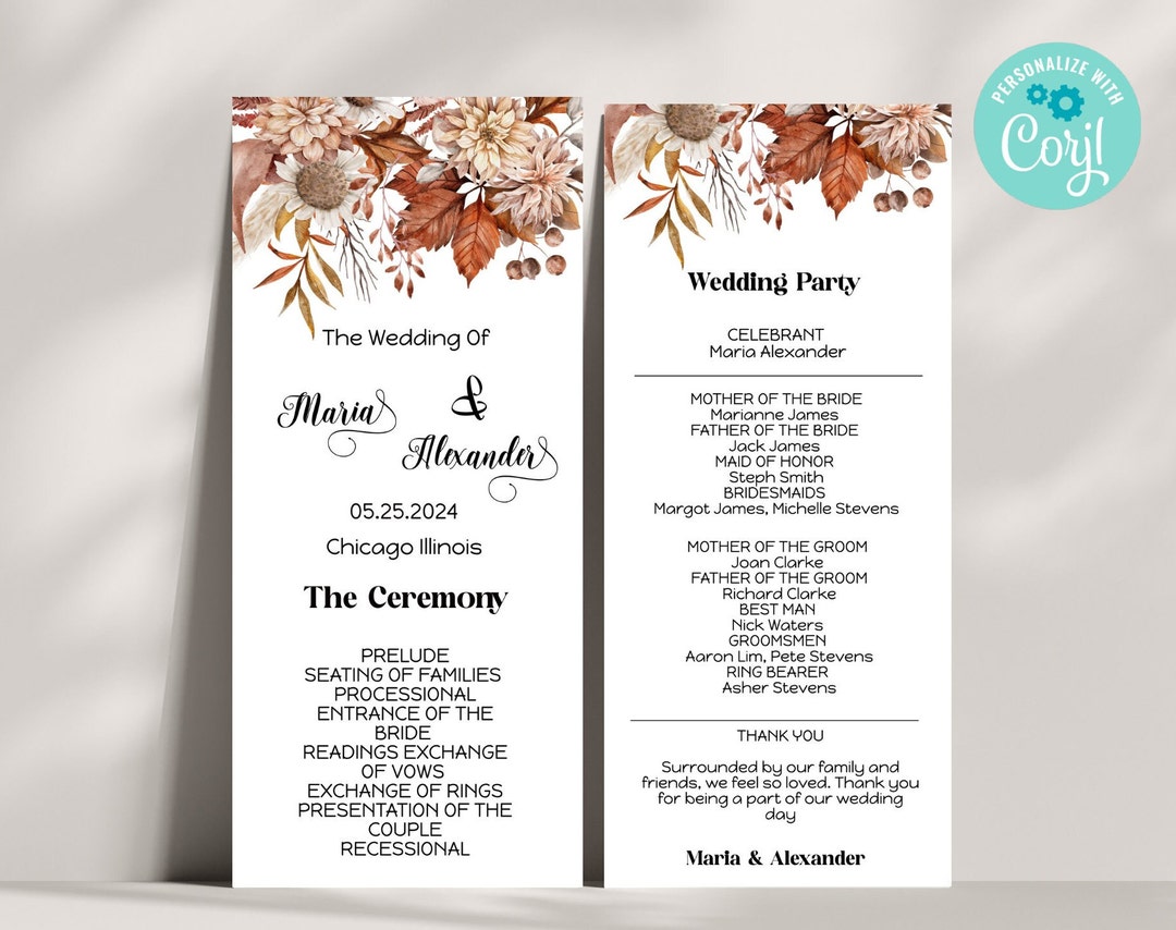 Boho Fall Wedding Program Template, Printable Autumn Floral Ceremony Run Sheet, Editable Earth ...