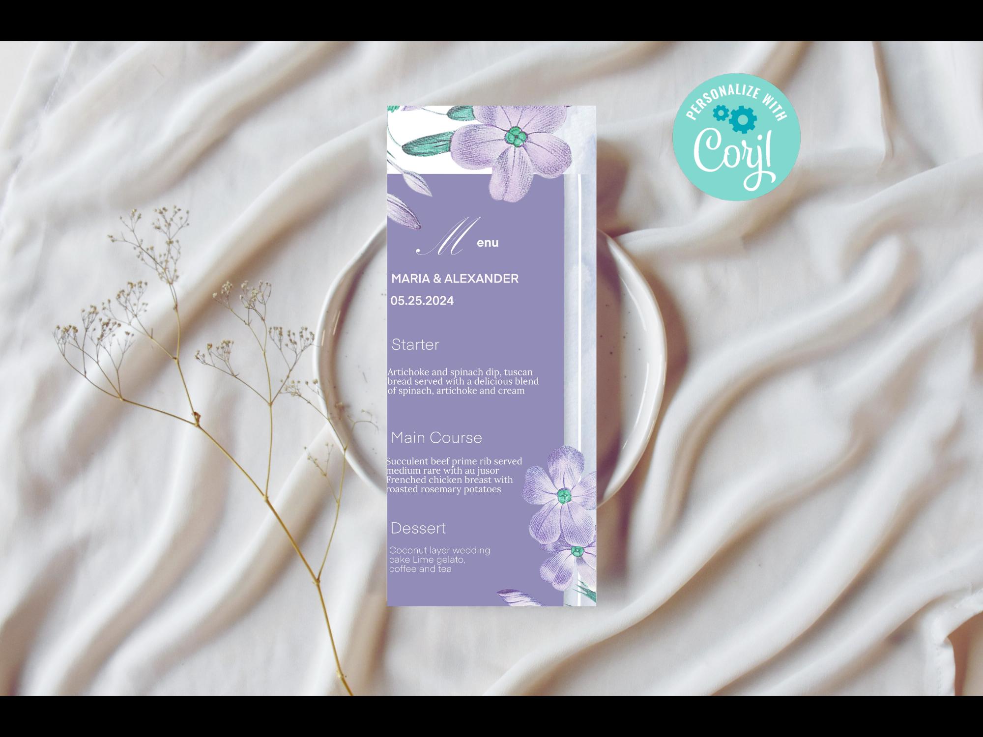 Lavender Geometric Wedding Menu Template, Printable Editable Menu Card ...