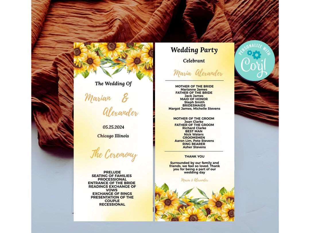 Gold Sunflower Wedding Program Template, Gold Sunflower Eucalyptus ...