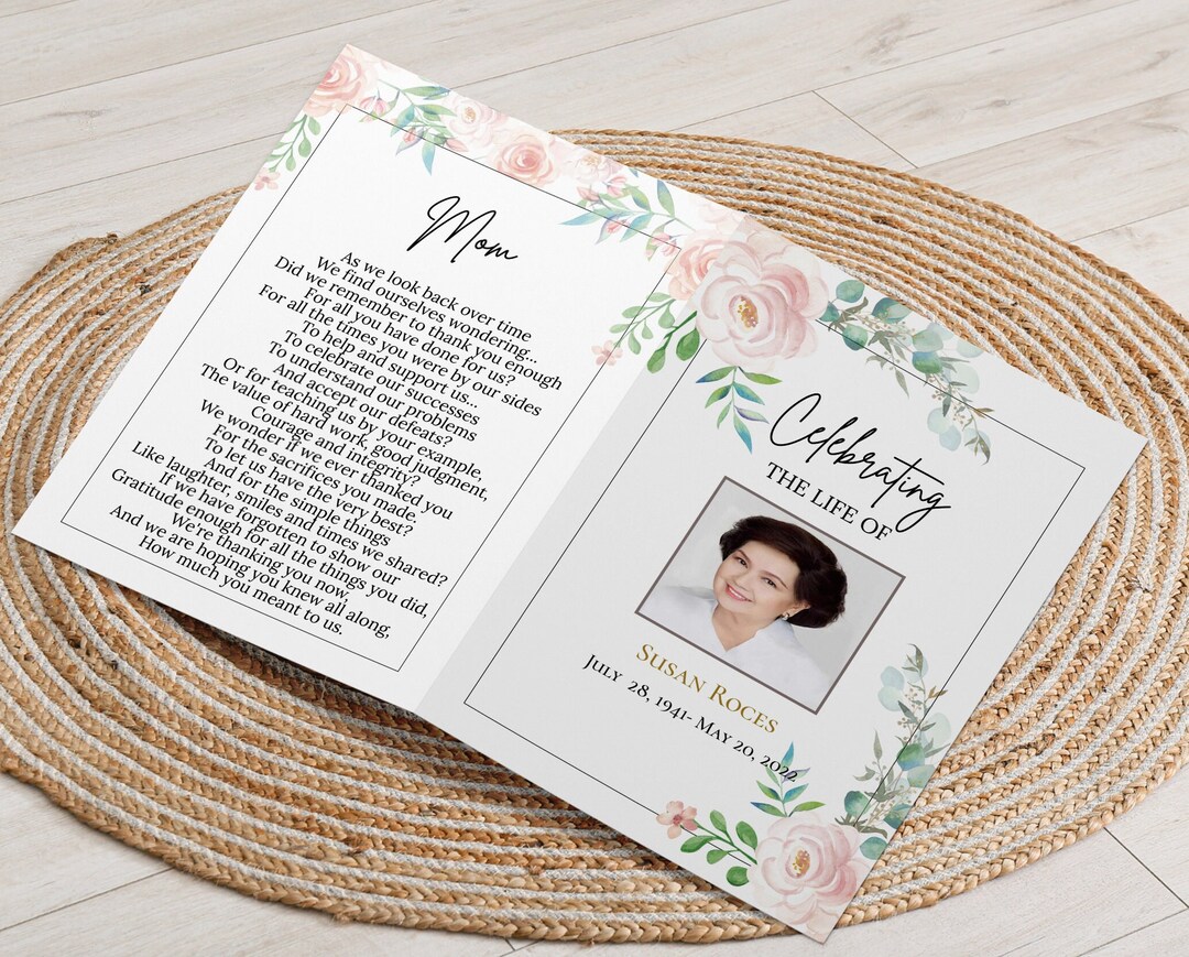 White Floral Funeral Program Template, Geometric Design (digital ...
