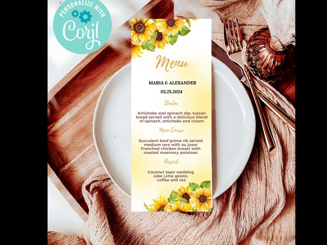 Sunflower Menu Template, Wedding Anniversary Menu, Gold Anniversary ...