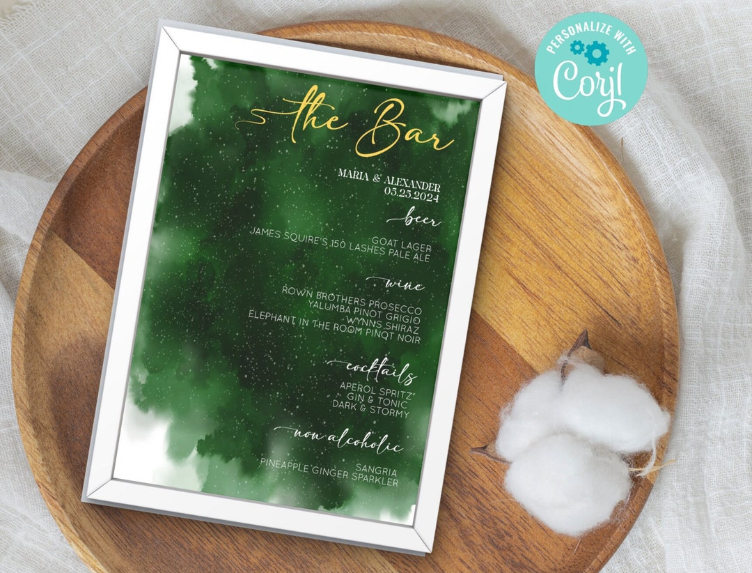 Emerald Watercolor Bar Menu Template, Printable Hunter Green & Gold ...