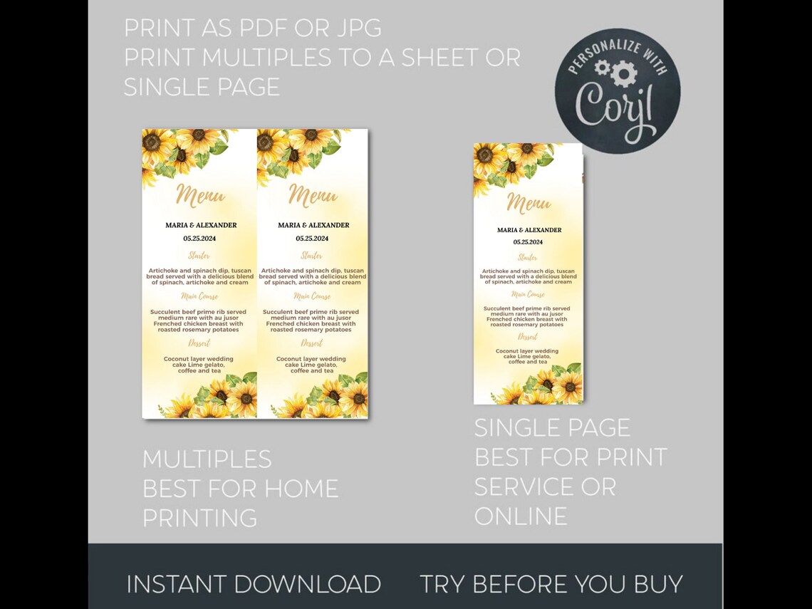Sunflower Menu Template, Wedding Anniversary Menu, Gold Anniversary ...