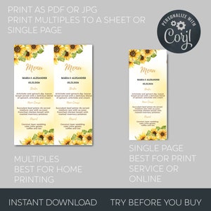 Sunflower Menu Template, Wedding Anniversary Menu, Gold Anniversary ...