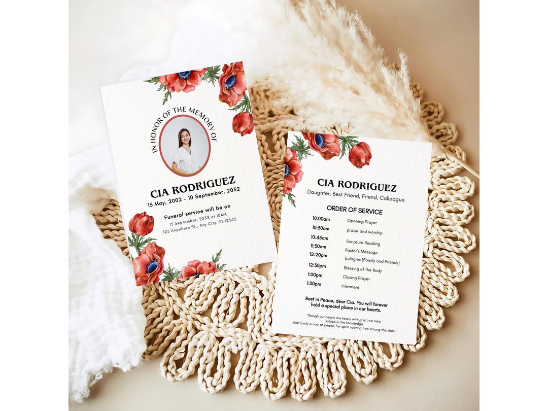 Red Floral Funeral Program Template | Watercolor Obituary Pamphlet ...