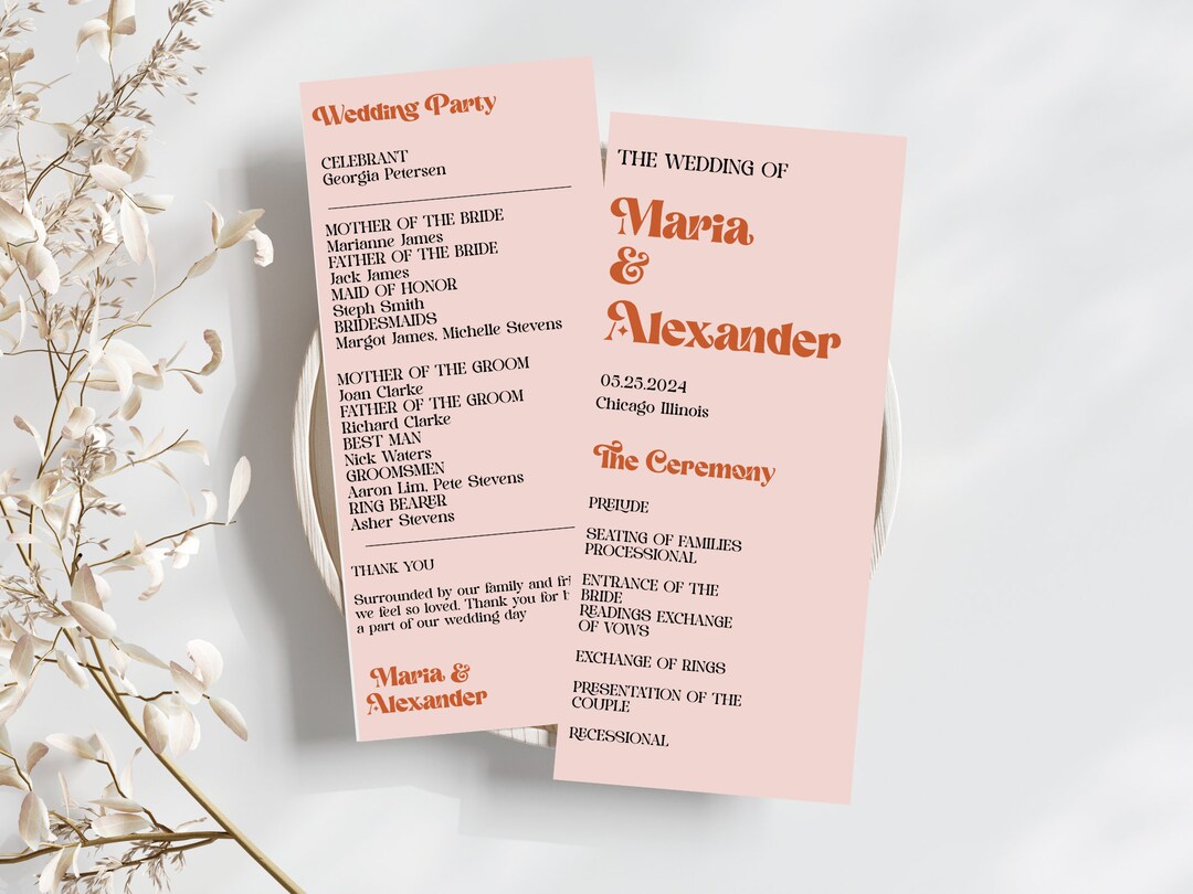 Retro Wedding Program Template, Printable Peach & Rust Ceremony Program ...