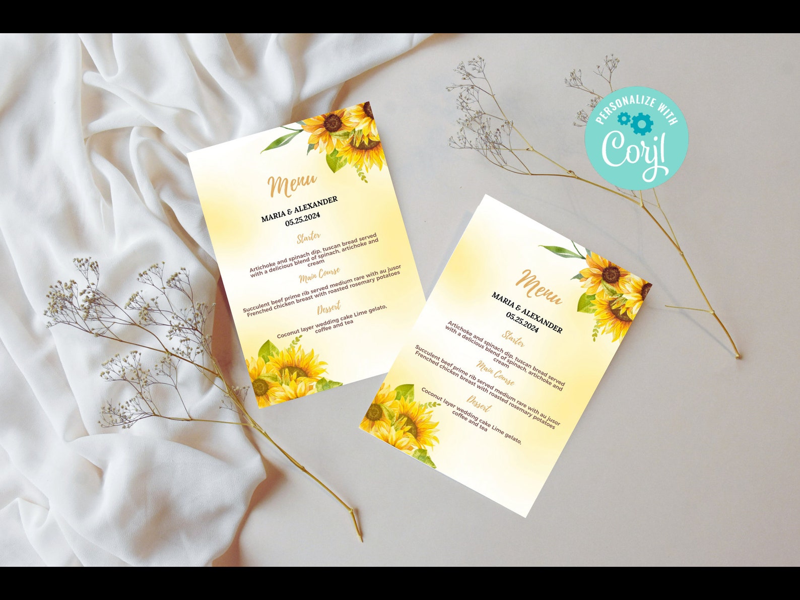 Sunflower Menu Template, Wedding Anniversary Menu, Gold Anniversary ...