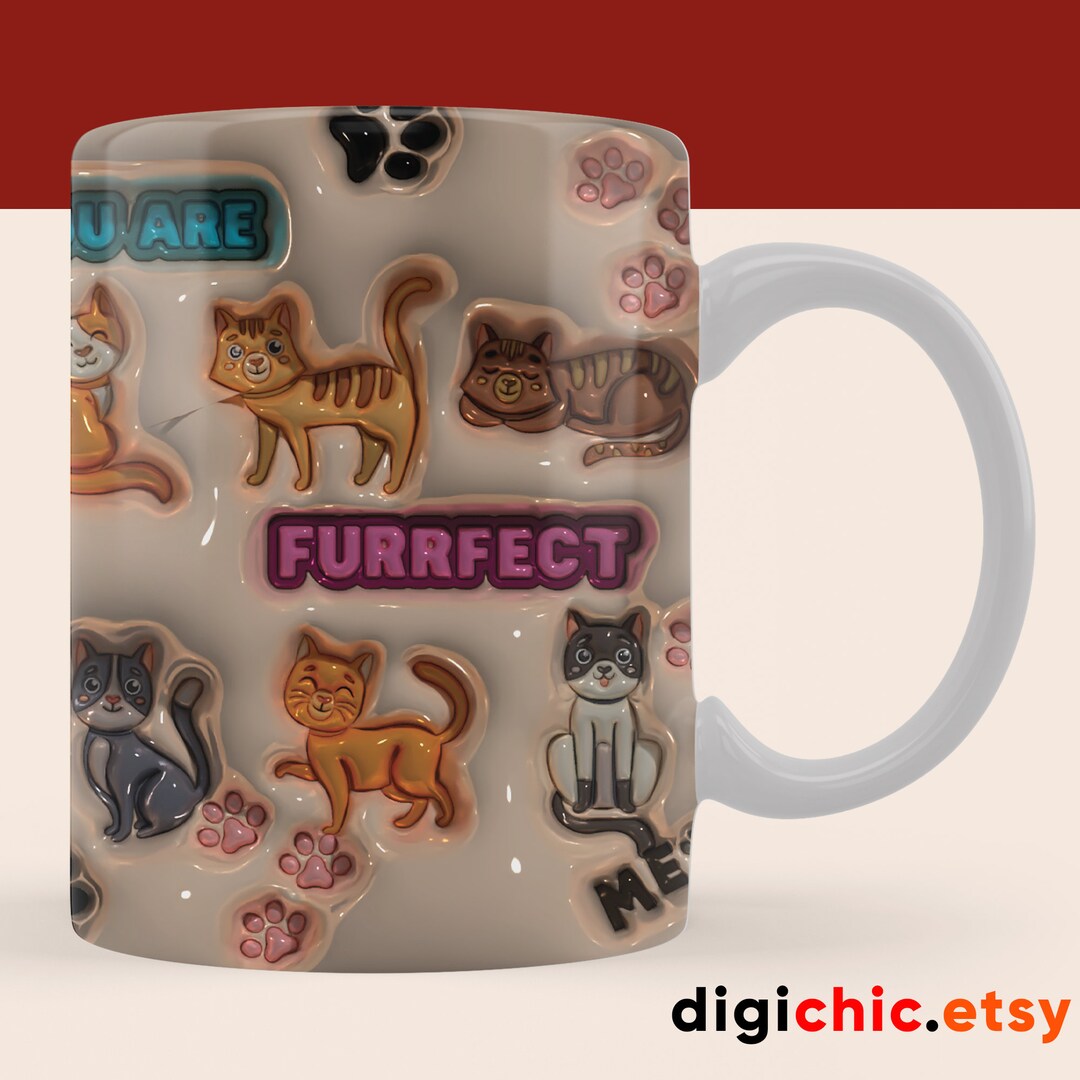 3D Cats Design Mug Wrap, 3D Tabby Cat Mug Wrap, Cat Mug Design, 3D Paws ...