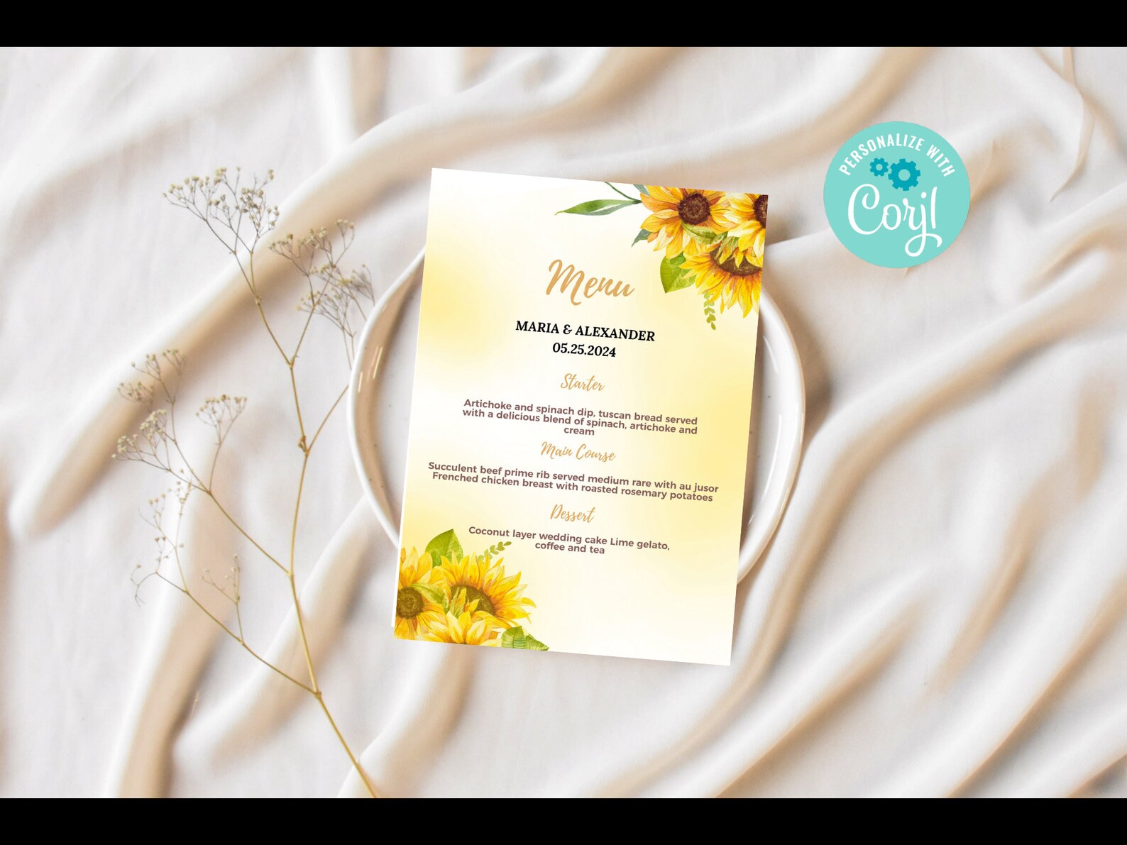 Sunflower Menu Template, Wedding Anniversary Menu, Gold Anniversary ...