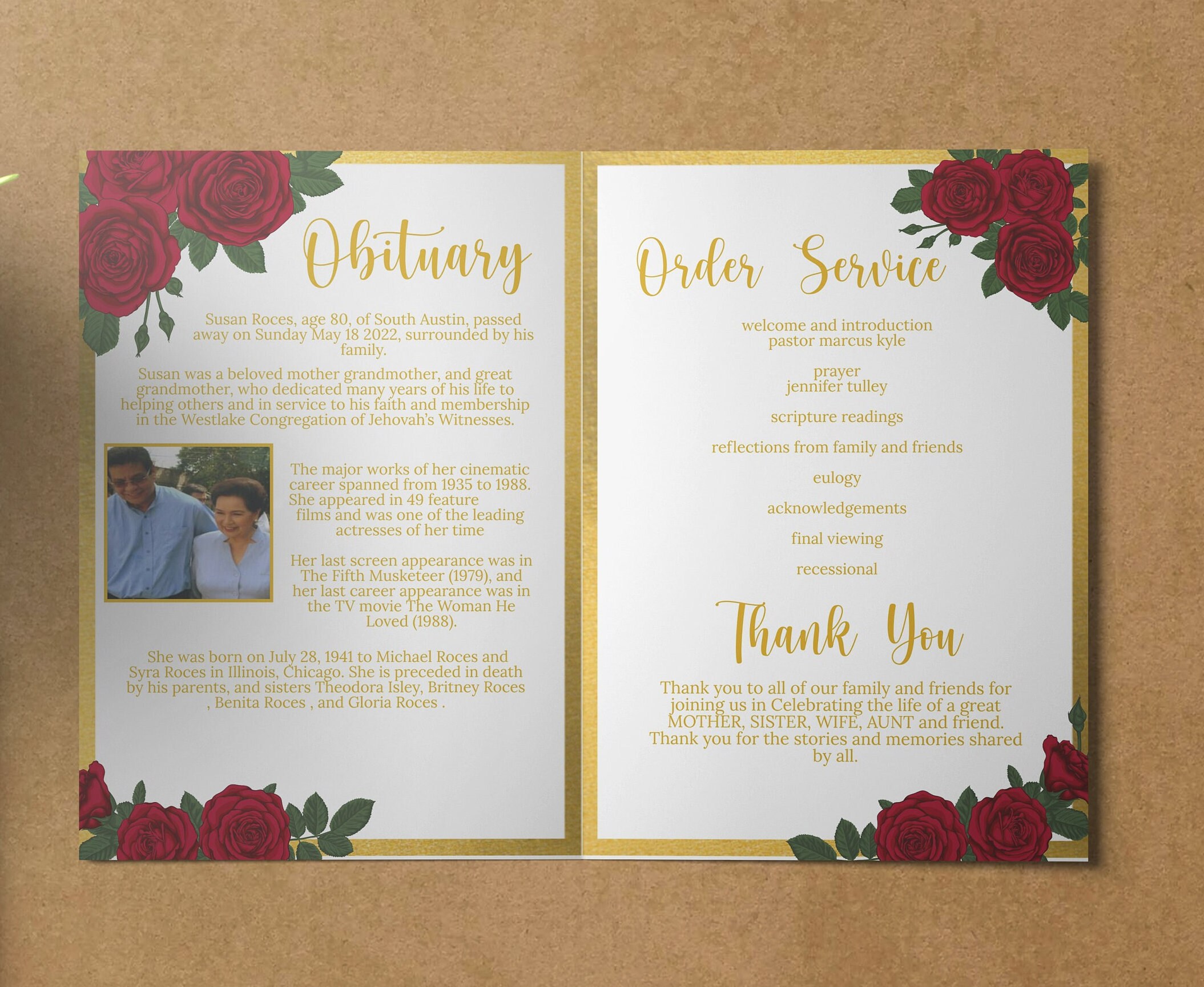 Red Roses Funeral Program for Women Roses Funeral Program With Red ...