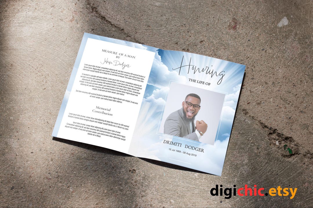 Heavenly Sky Funeral Program Template, Elegant Memorial Service ...