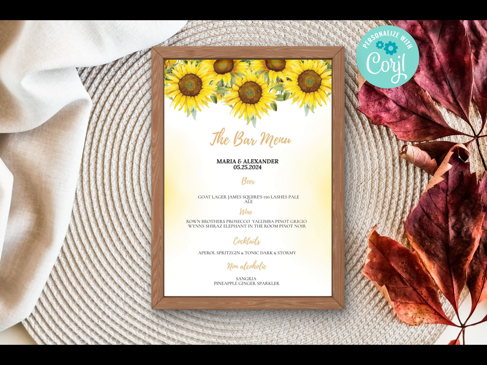 Sunflower Bar Menu Sign Template | Printable Drinks Sign | Editable ...
